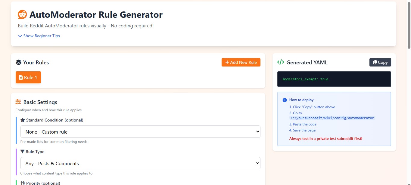 AutoModerator Rule Generator - Visual Reddit AutoMod Config Builder